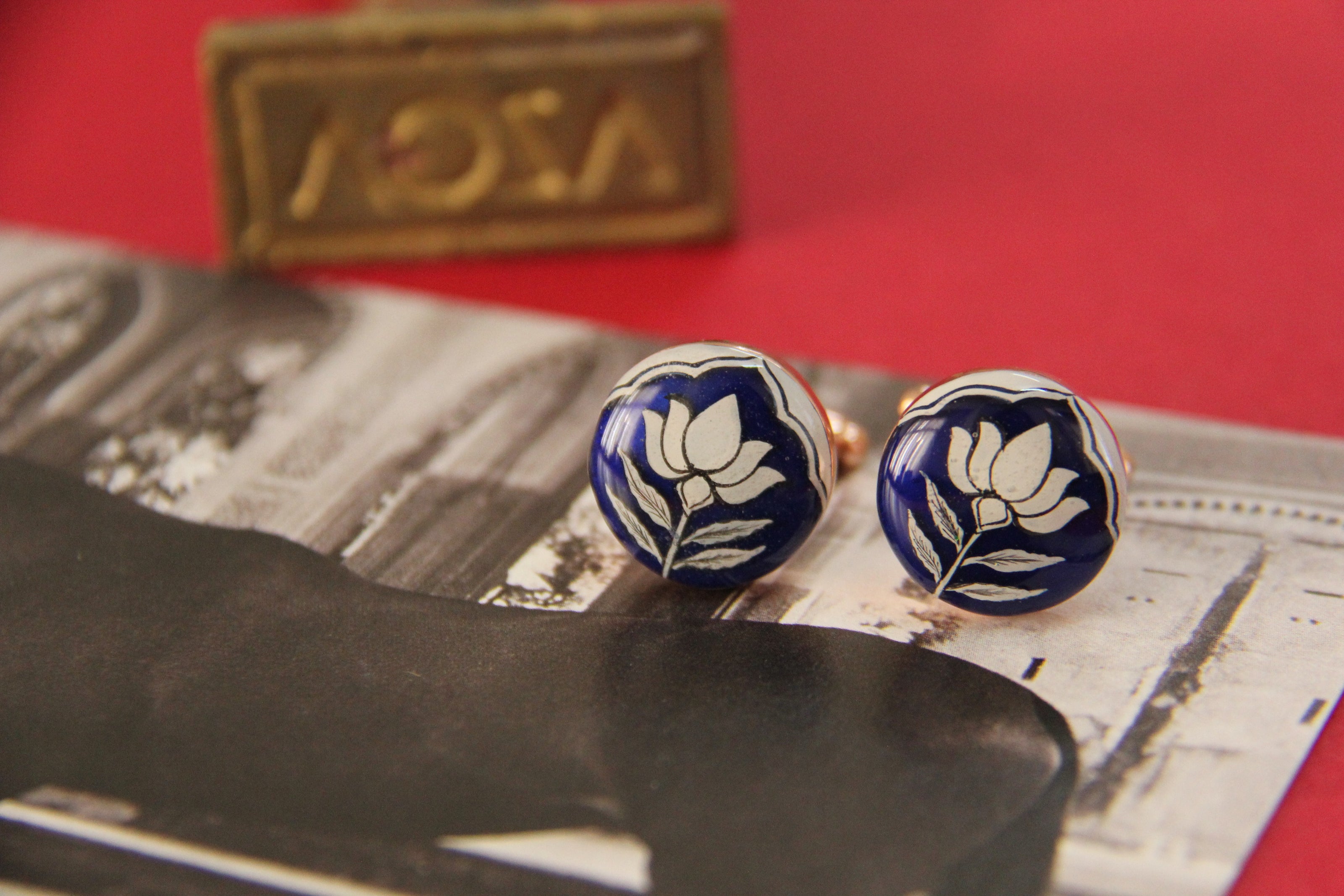 Hand painted Lotus enamel gifts for men, handcrafted cufflinks artistic ...